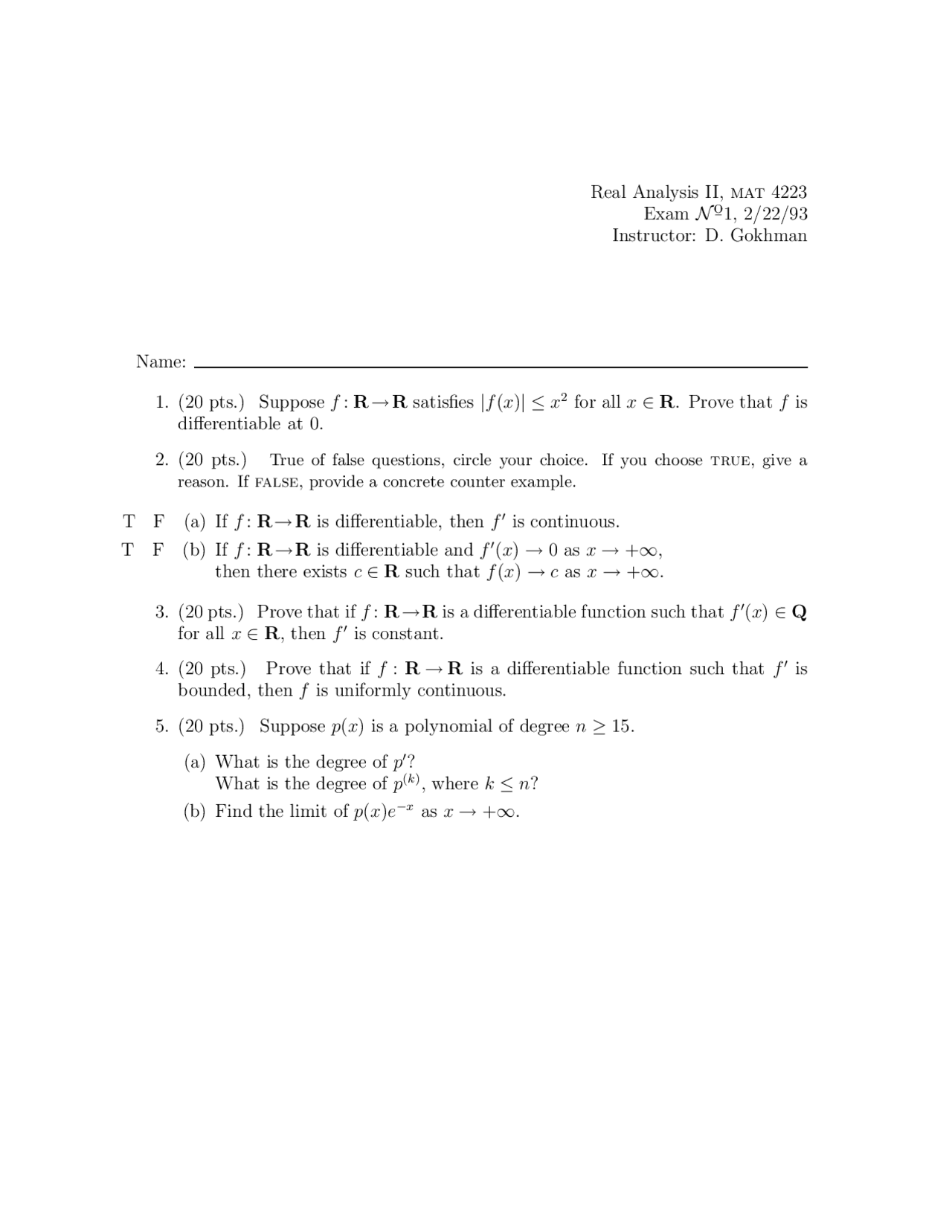 Exam 1 Real Analysis Ii Fall 1993 Mat 4223 Docsity