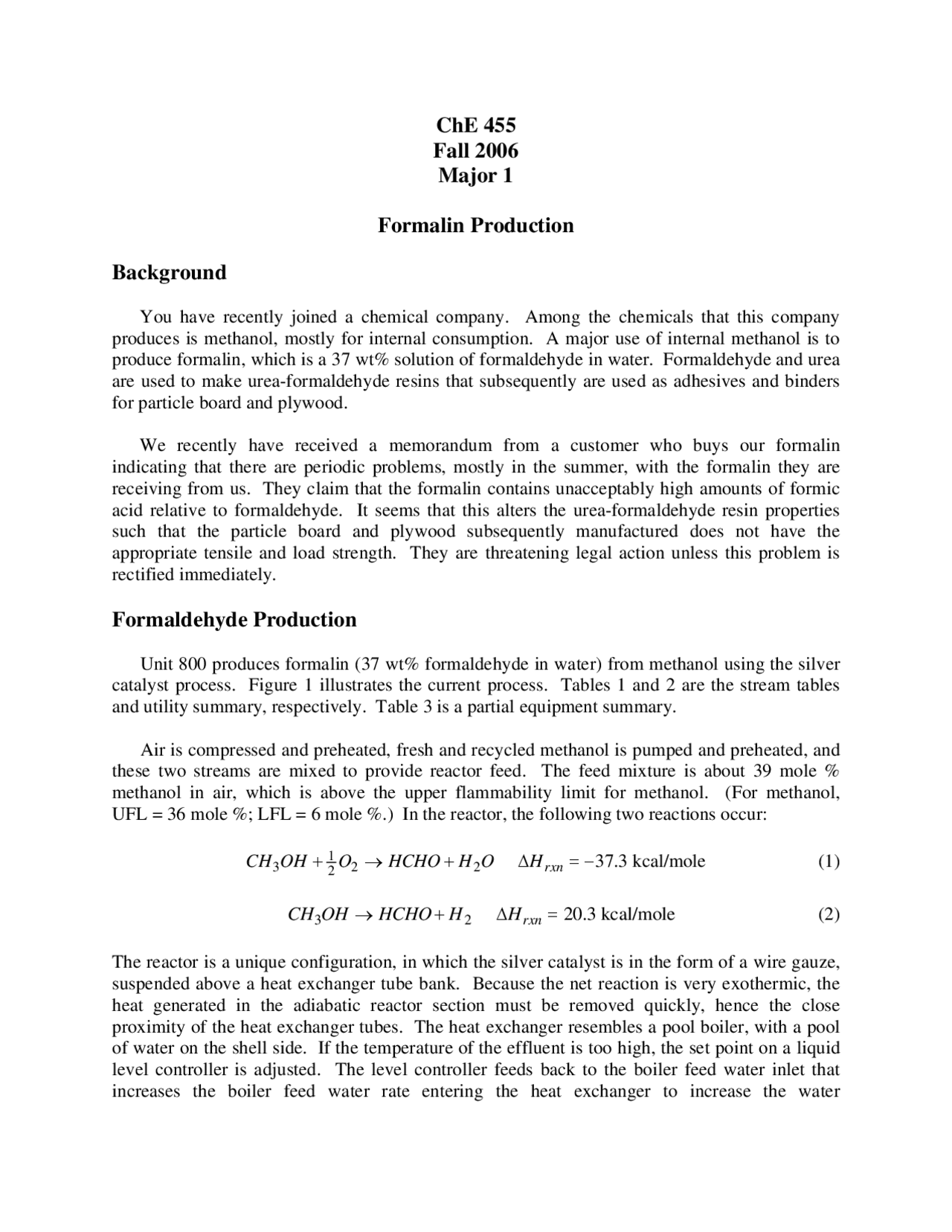 Formalin Production - Chemical Process Design 1 | CHE 455 - Docsity