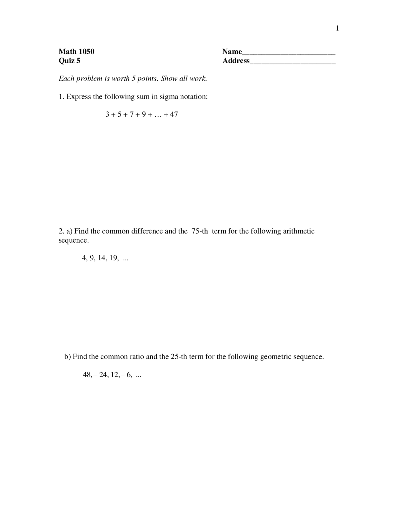 College Algebra Quiz 5 Review Math 1050 Docsity