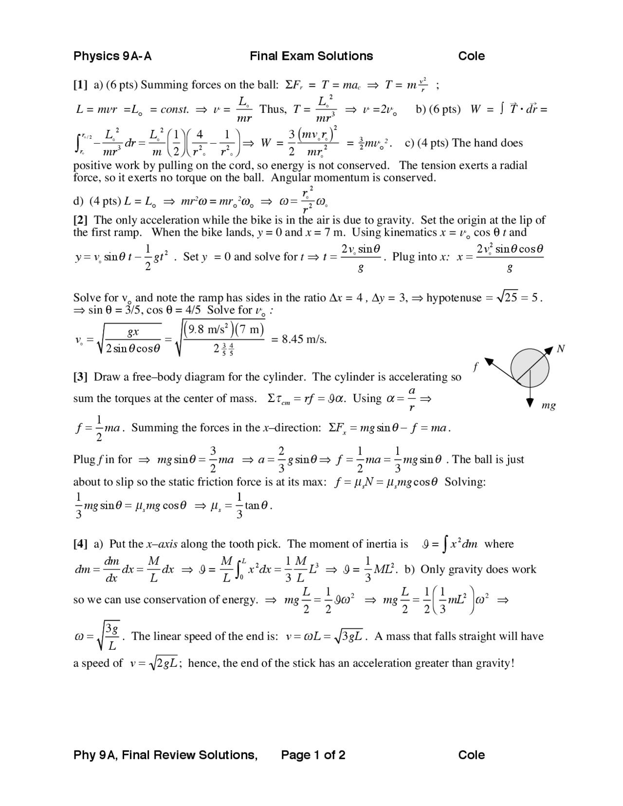 Final Exam With Answers Classical Physics Phy 009a Exams Physics