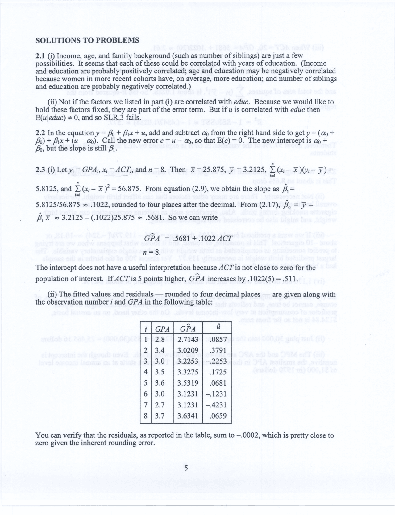 Solutions To Problems Econometrics I Econ 422 Docsity