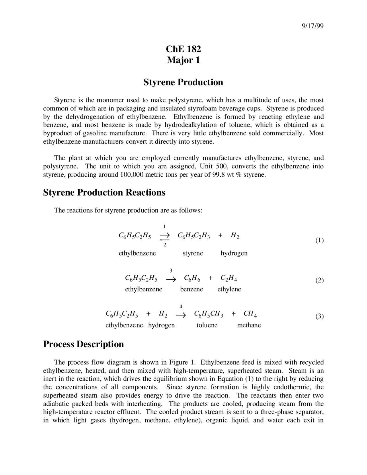 Lecture Notes on Styrene Production | CHE T312 - Docsity
