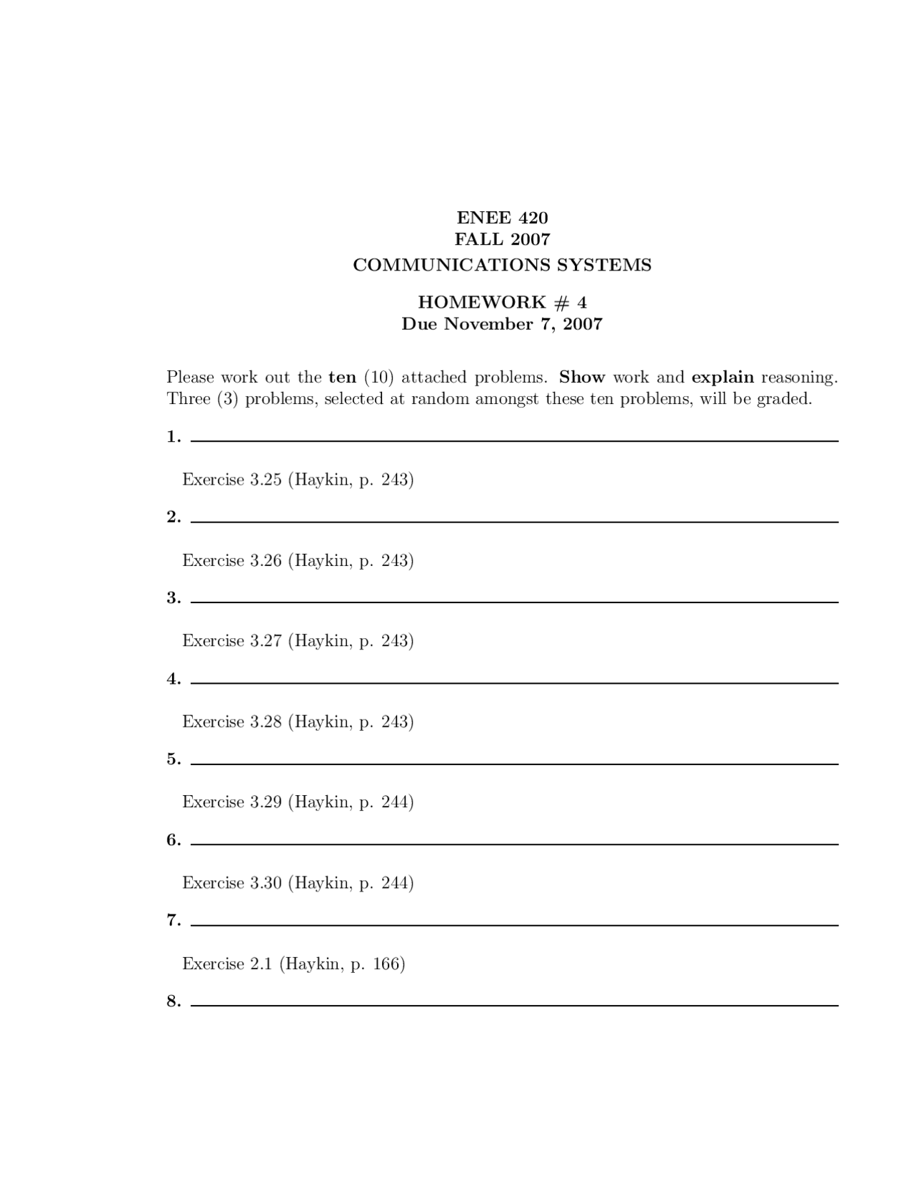 Homework 4 Problems Communication System Enee 420 Docsity