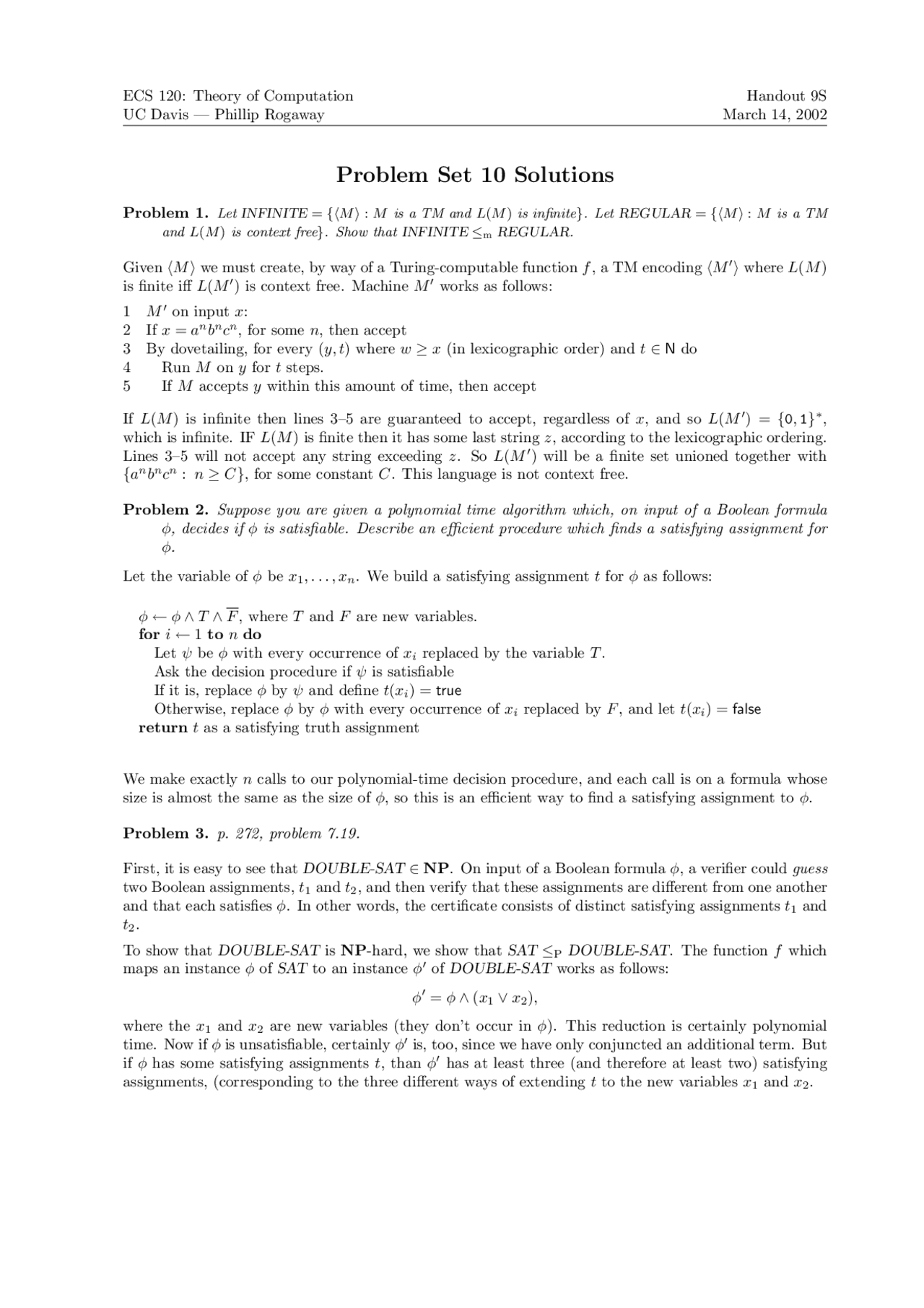 Solutions To Homework 10 Introduction To Theory Computation Ecs 120 Docsity
