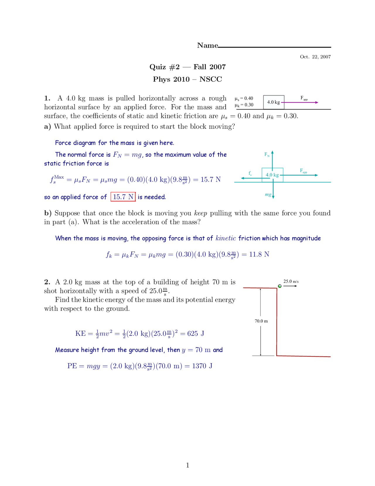Physics Quiz 2 - Fall 2007: Friction, Energy, and Circular Motion ...