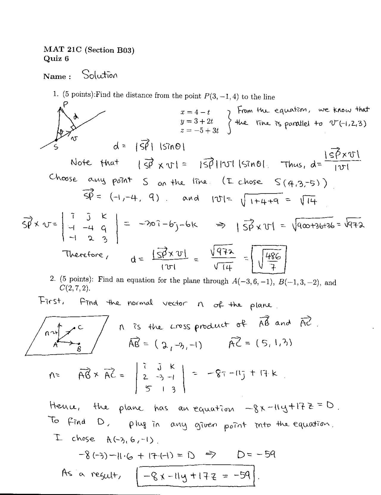 Quiz 6 with Solution for Calculus | MAT 021C - Docsity