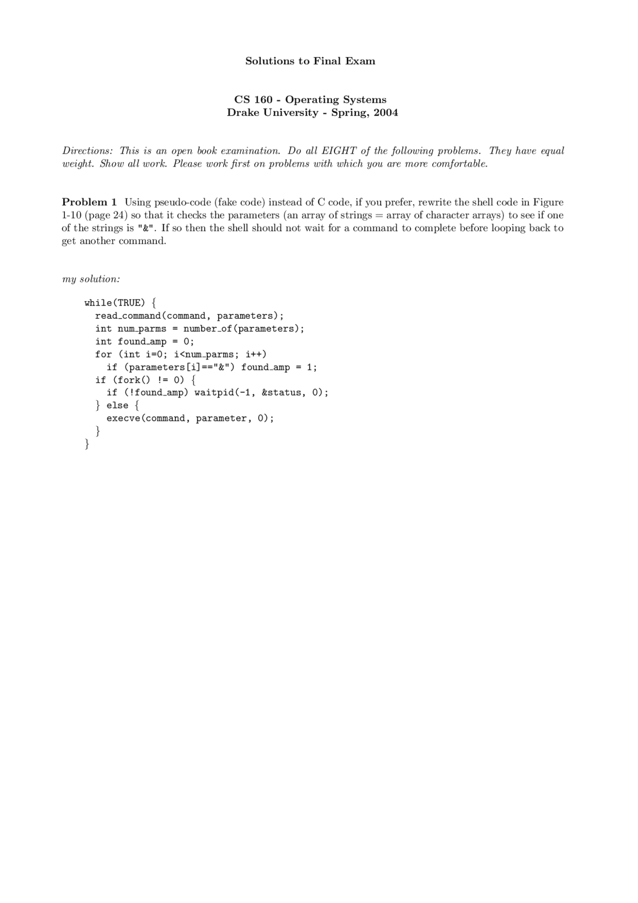 Solutions To Final Exam Operating Systems Cs 160 Docsity