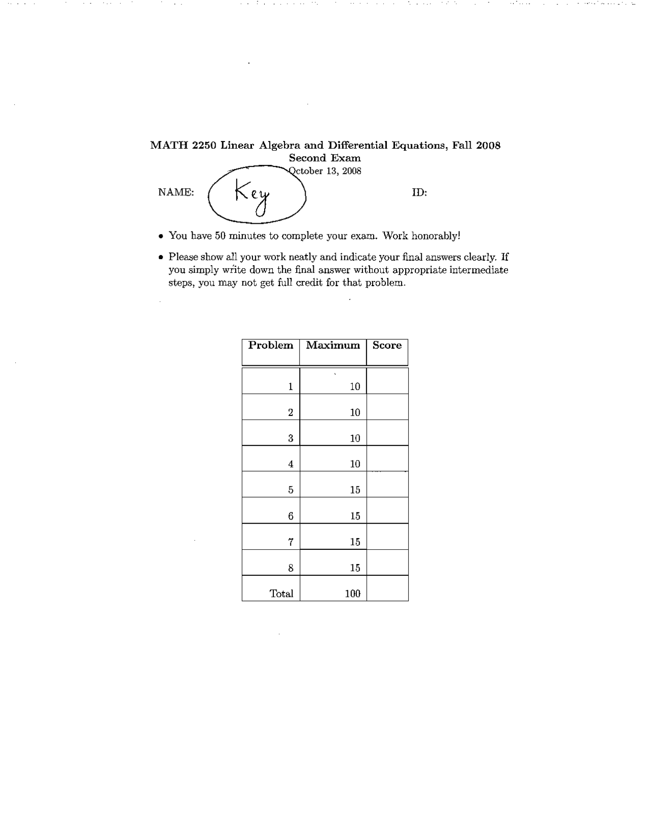 Solutions Key To Final Exam Linear Algebra And Differential Equations