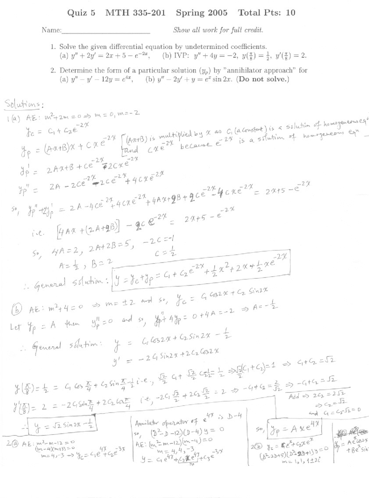 Solutions To Quiz 5 Differential Equations Mth 335 Docsity
