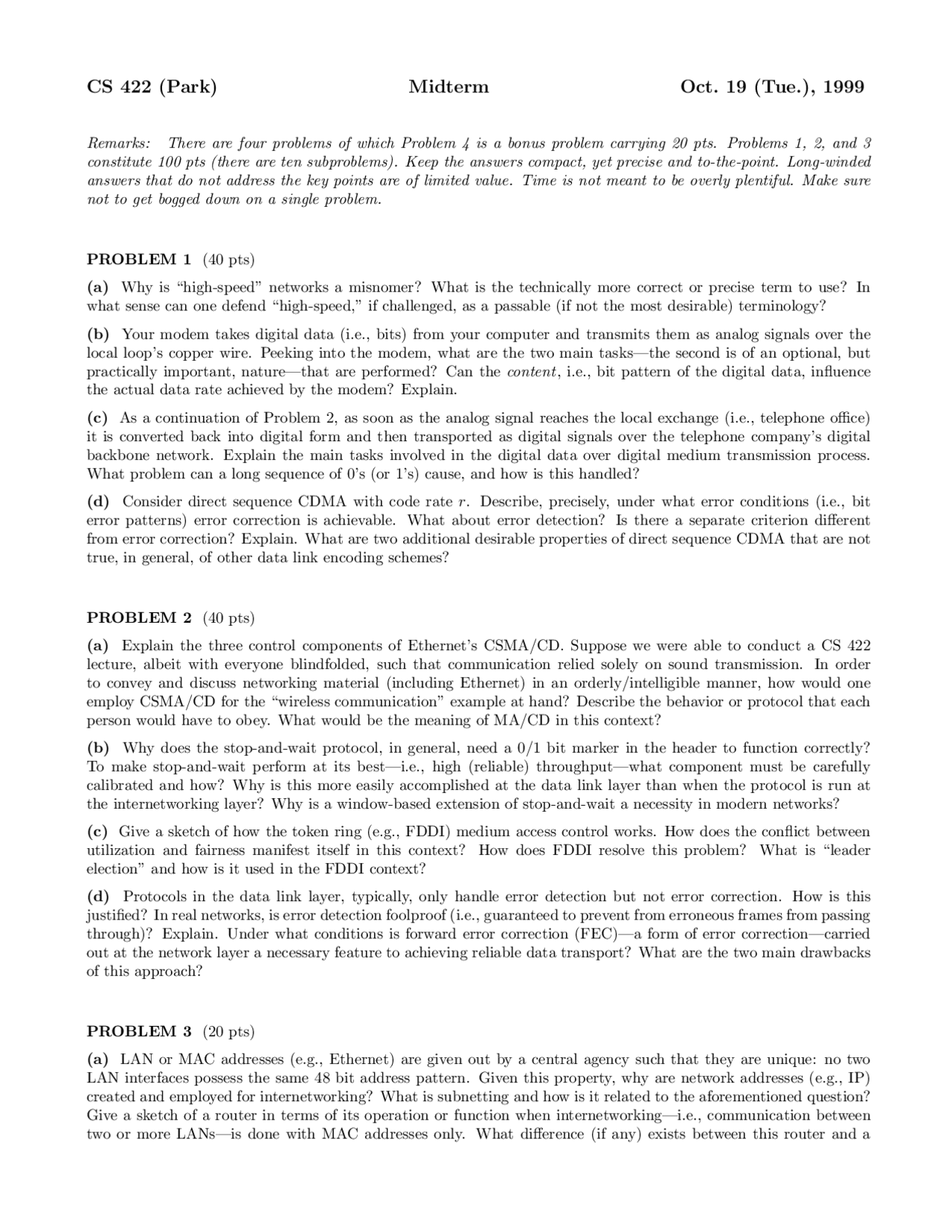 4 Problems With Solutions Computer Networks Midterm Examination Cs 42200 Docsity