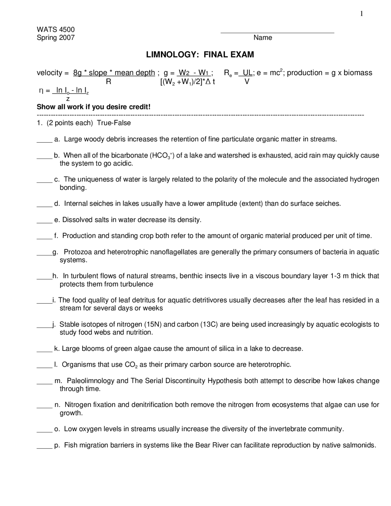 Final Exam On Limnology Ecology Of Inland Waters Wats 4500 Docsity
