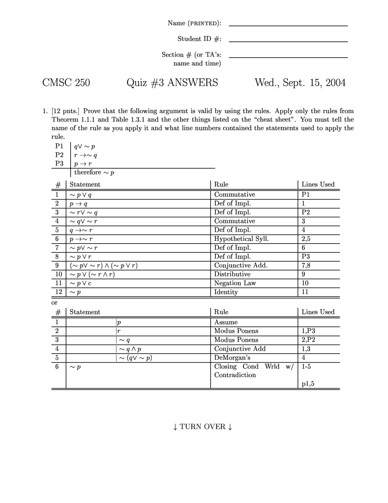 Quiz 3 With Answers Discrete Structures 2004 Cmsc 250 Docsity