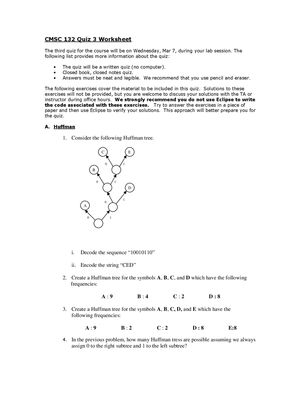 Quiz 3 Worksheet - Object-Oriented Programming II | CMSC 132 - Docsity