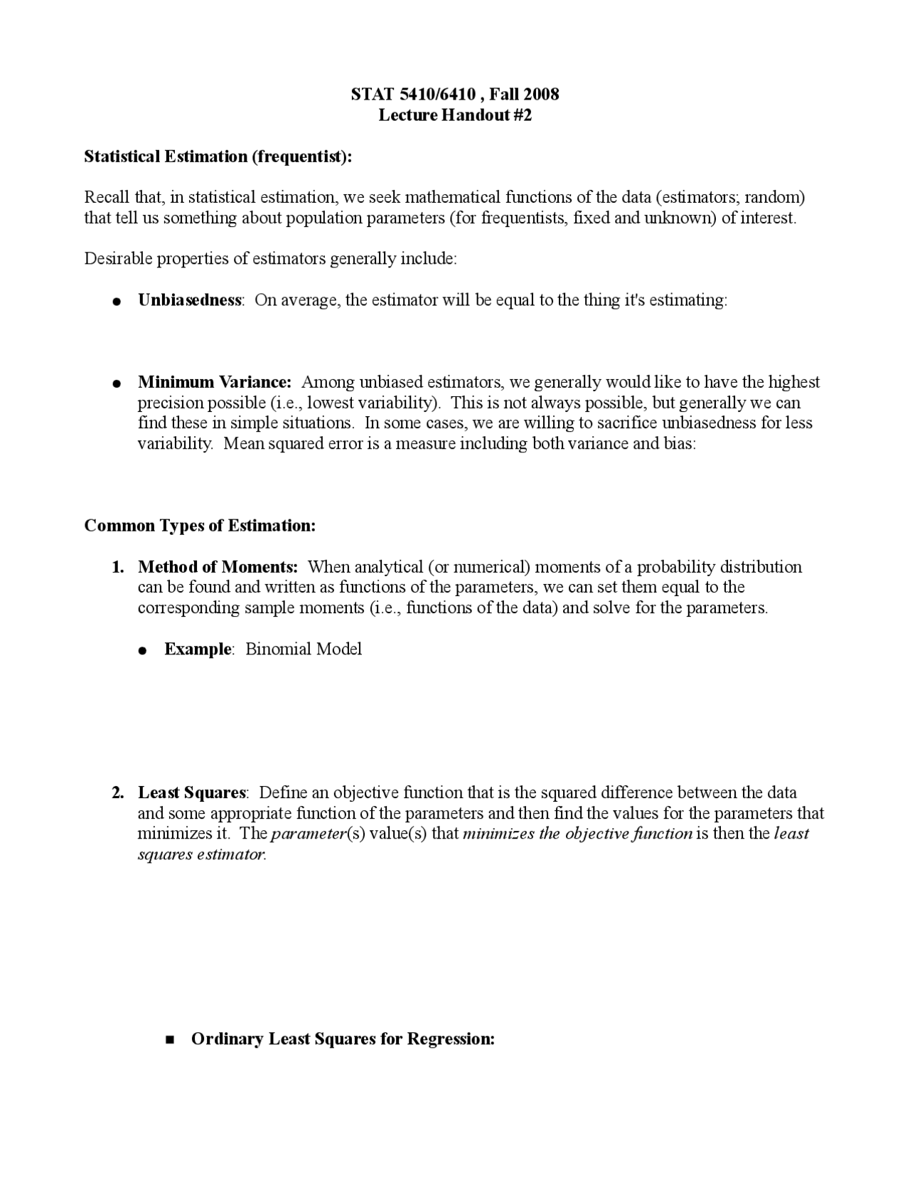 Lecture Handout 2 Statistical Estimation Stat 5410 Docsity