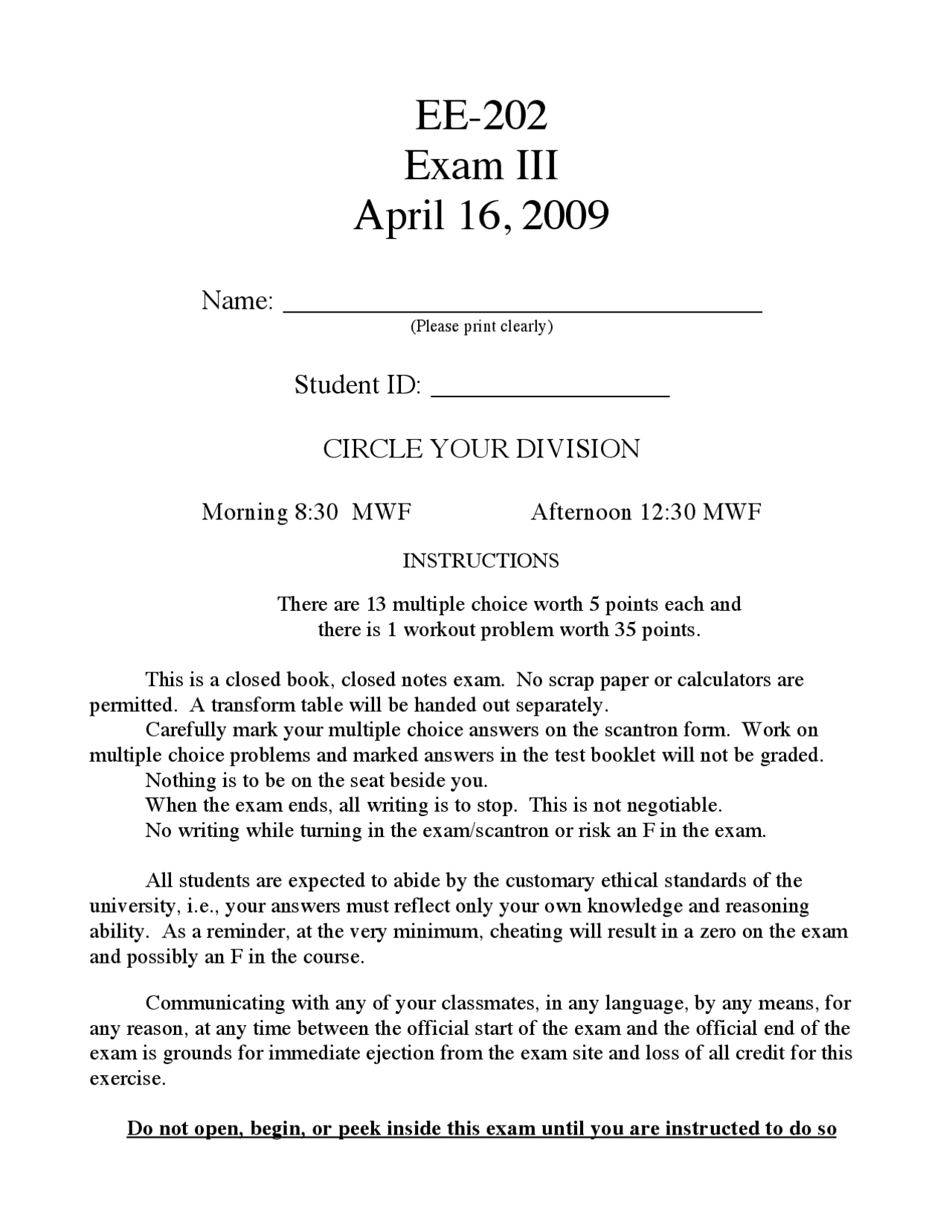 Linear Circuit Analysis Ii Examination 3 Ece 20200 Docsity
