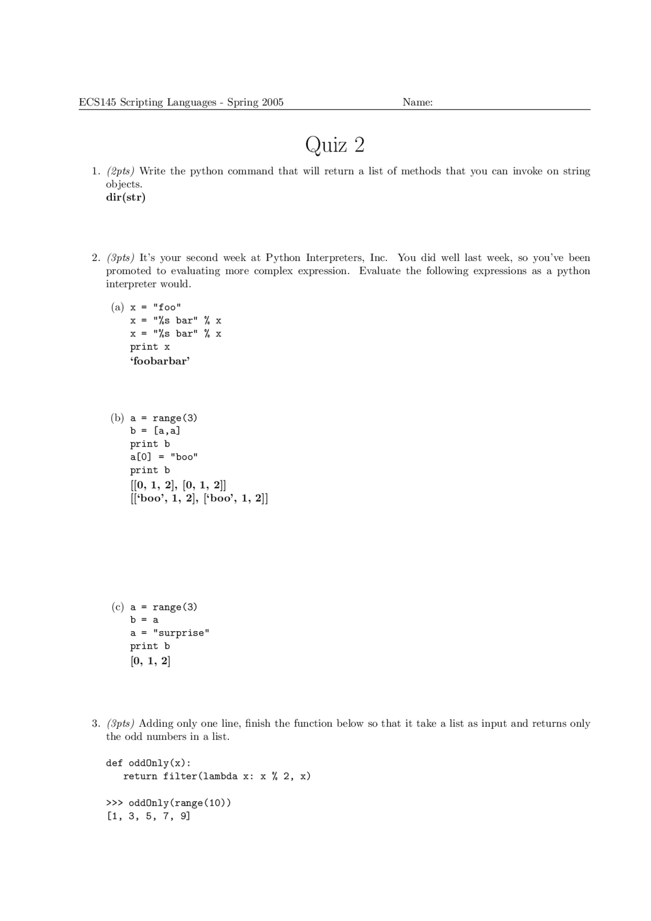 Python Quiz 2 - ECS145 Scripting Languages - Spring 2005 | Quizzes Computer Science | Docsity