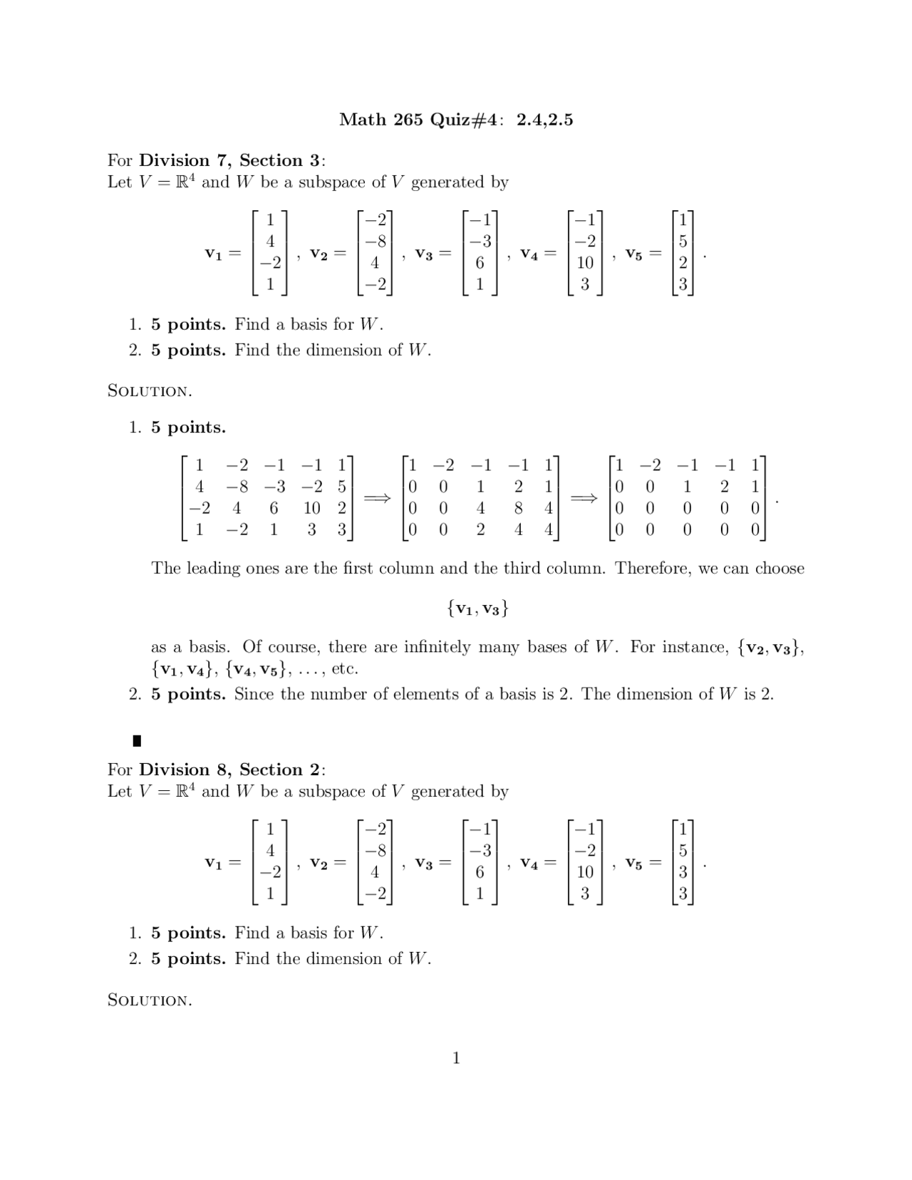 Solution of Quiz 4 - Linear Algebra | MA 26500 - Docsity