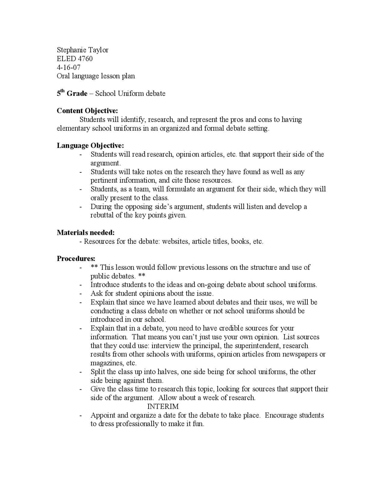 Oral Language Lesson Plan - ESOL Instructional Strategies | ELED 4760 ...