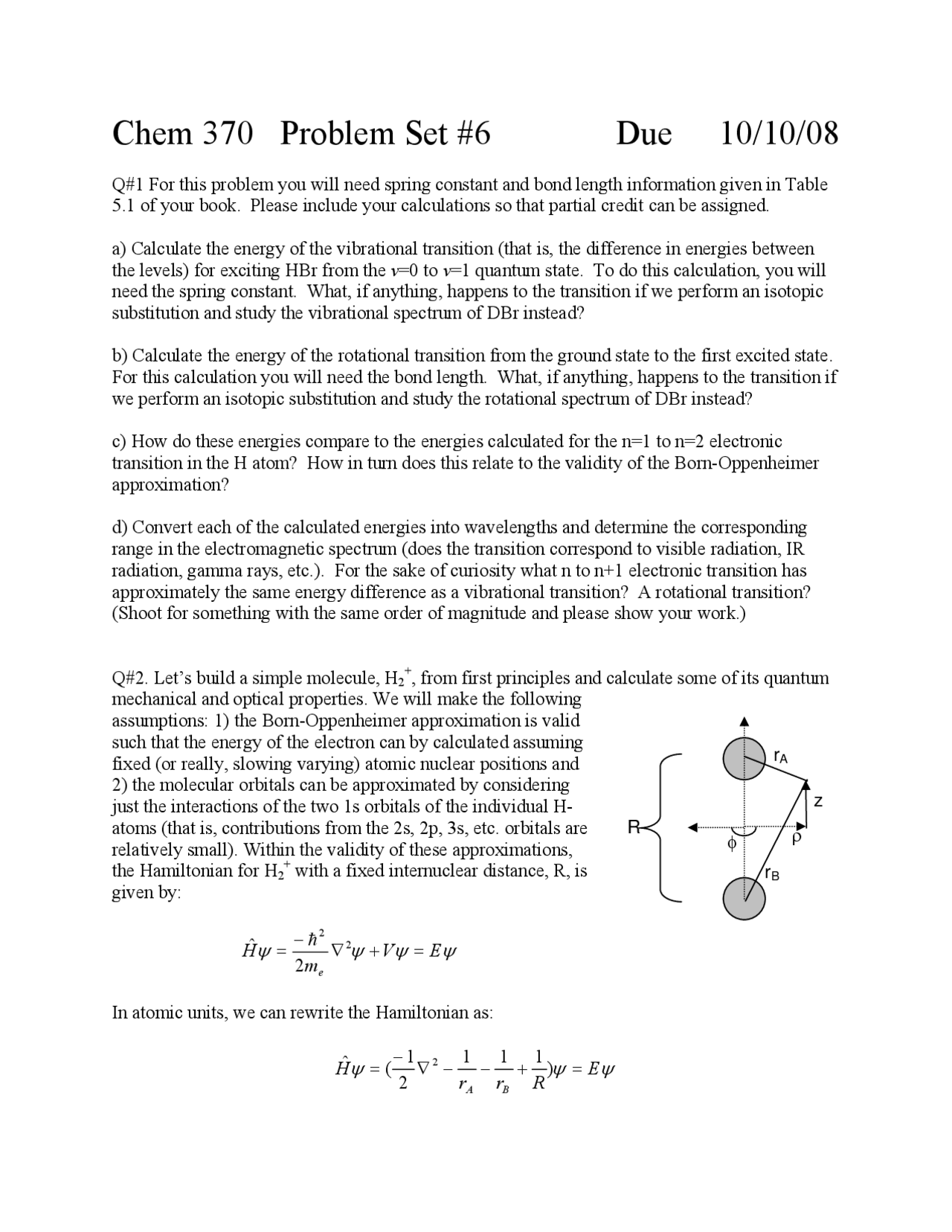 Problem Set 6 Topics In Physical Chemistry Chm 37000 Docsity