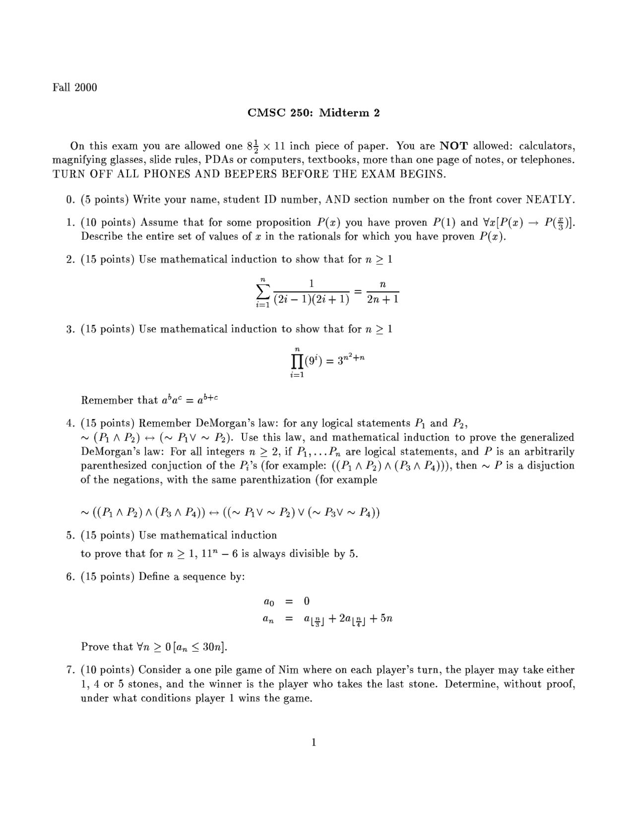 Midterm Exam 2 With Questions Discrete Structures Fall 2000 Cmsc 250 Docsity