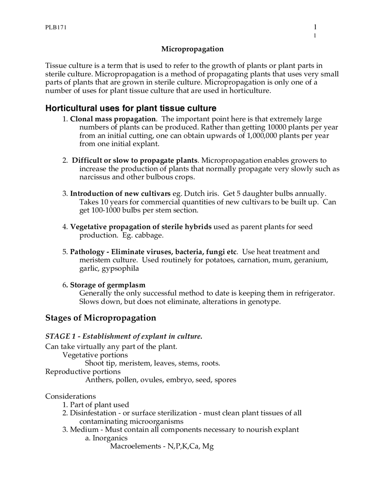 Micropropagation Plant Propagation Lecture Notes Plb 171 Docsity