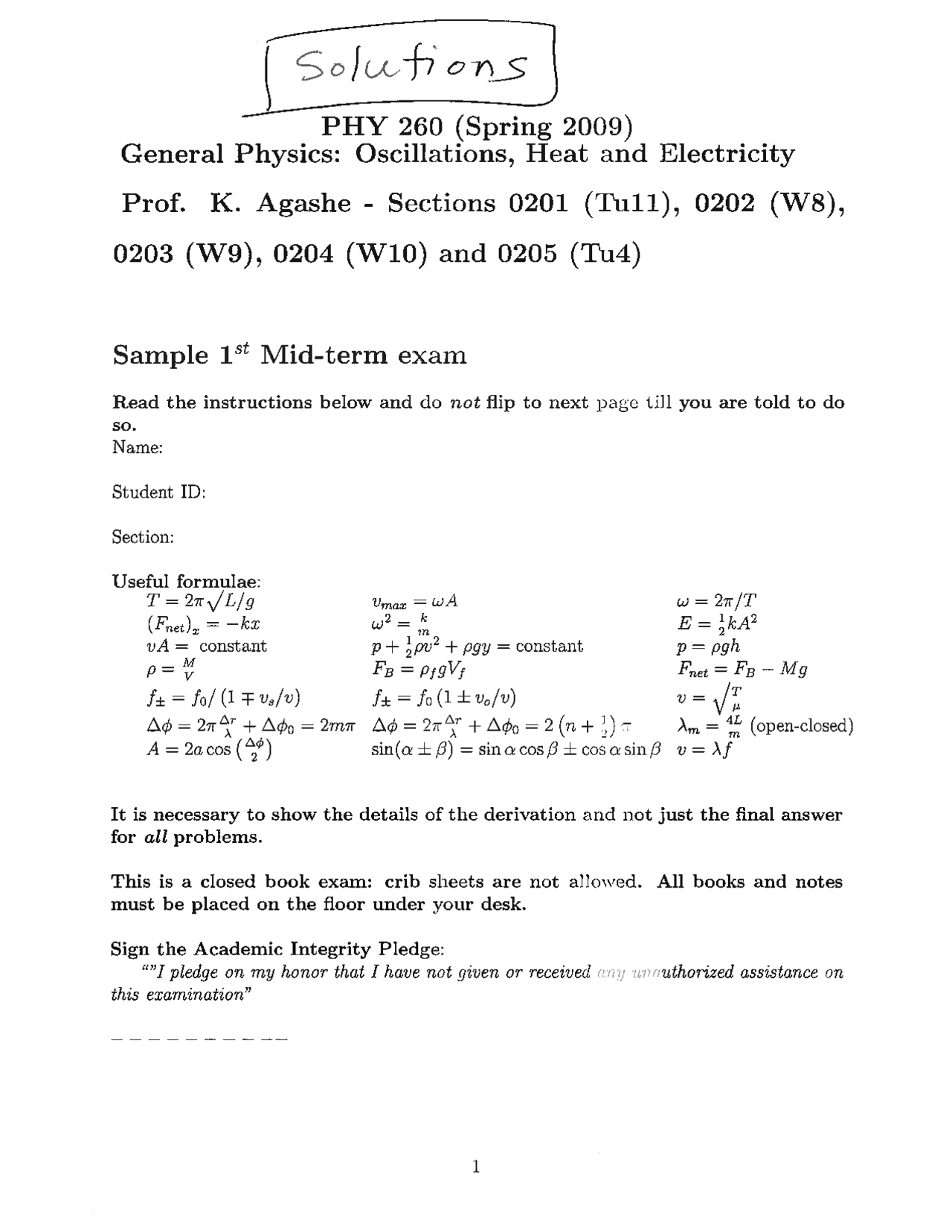 Solutions For Exam 1 Physics With Oscillations Heat And Electricity