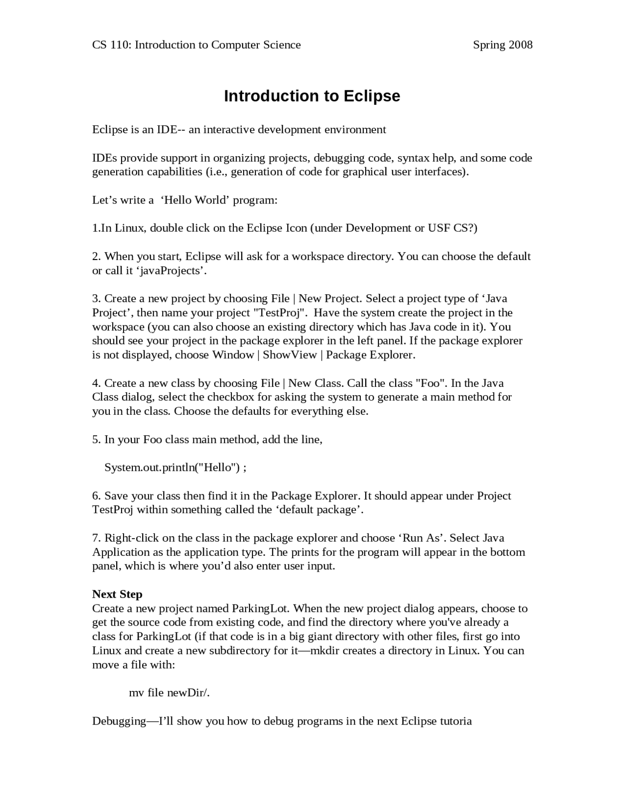 Introduction To Eclipse Introduction To Computer Science I Cs 110 Docsity