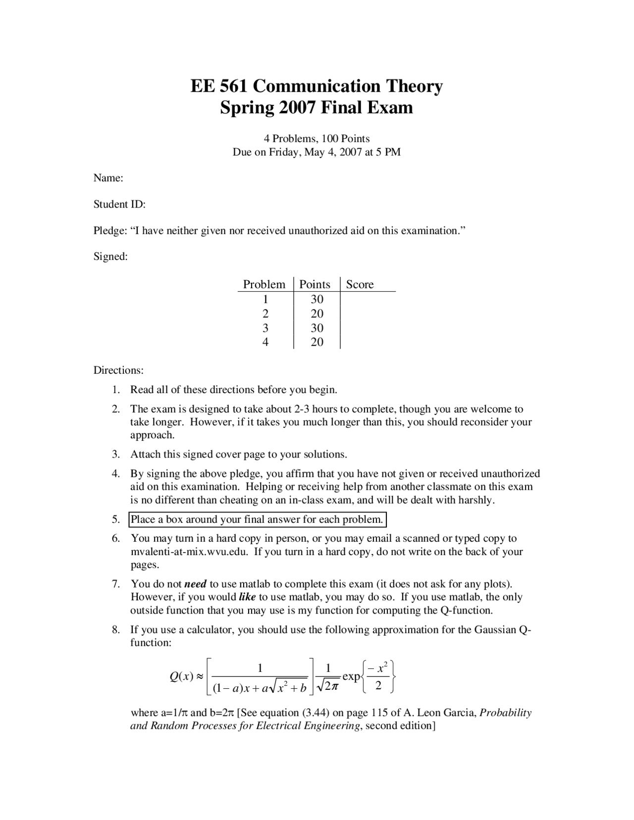 Final Exam Questions For Communications Theory Ee 561 Exams