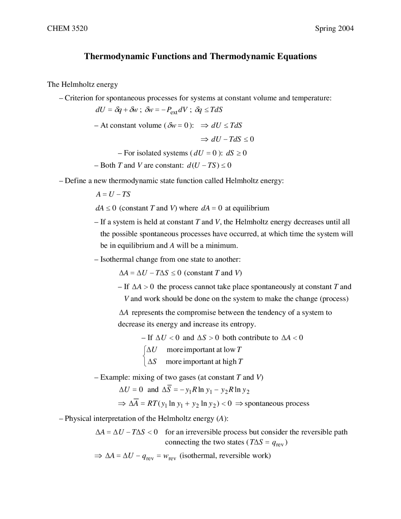 Equations Helmholtz energy - Thermodynamic Functions and Thermodynamic | CHEM 3520 - Docsity
