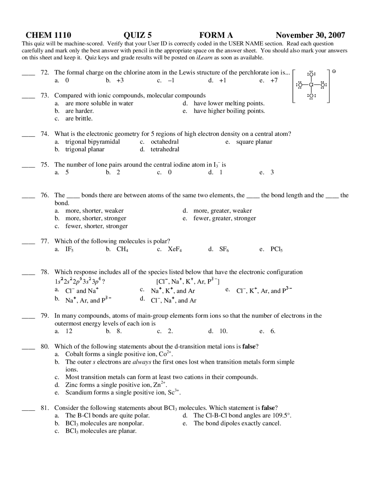 General Chemistry - Quiz V Answer Key | CHEM 1110 - Docsity