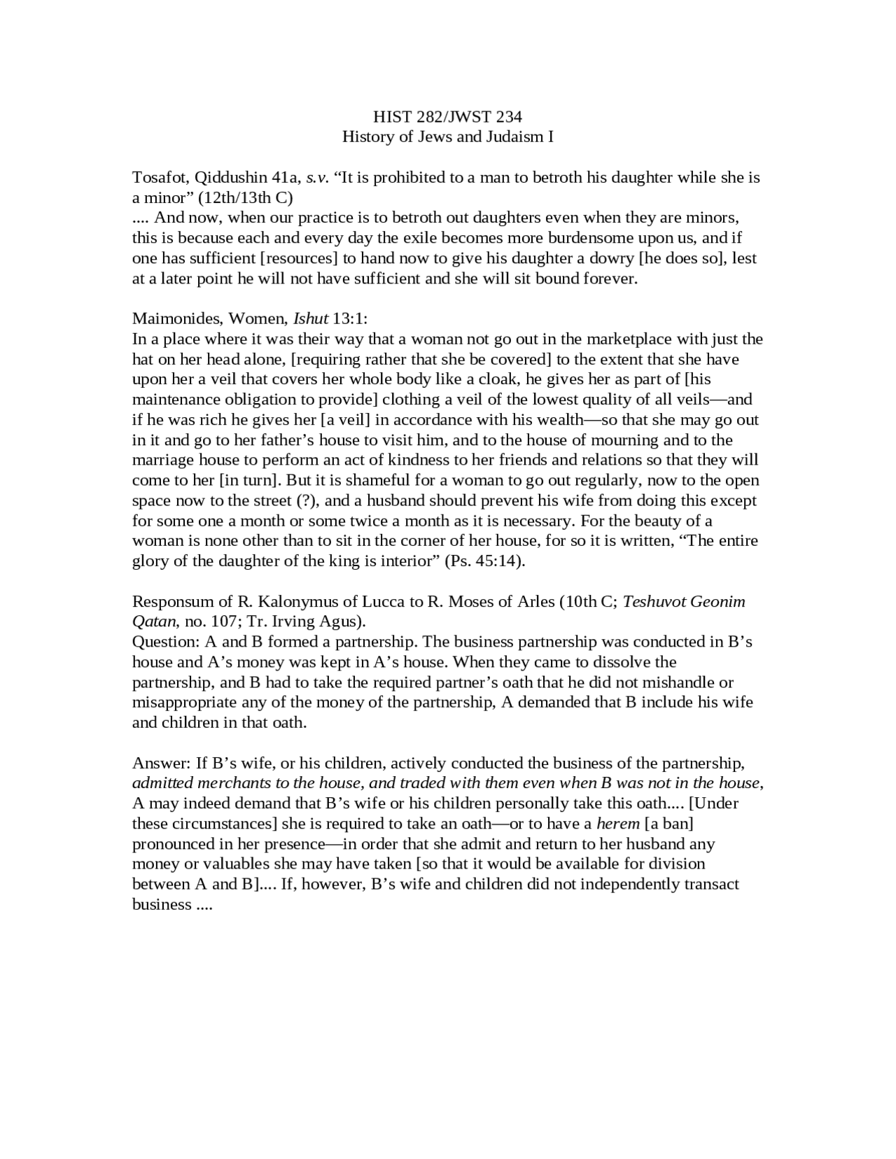 History of Jews Judaism l - Lecture Notes | HIST 282 - Docsity