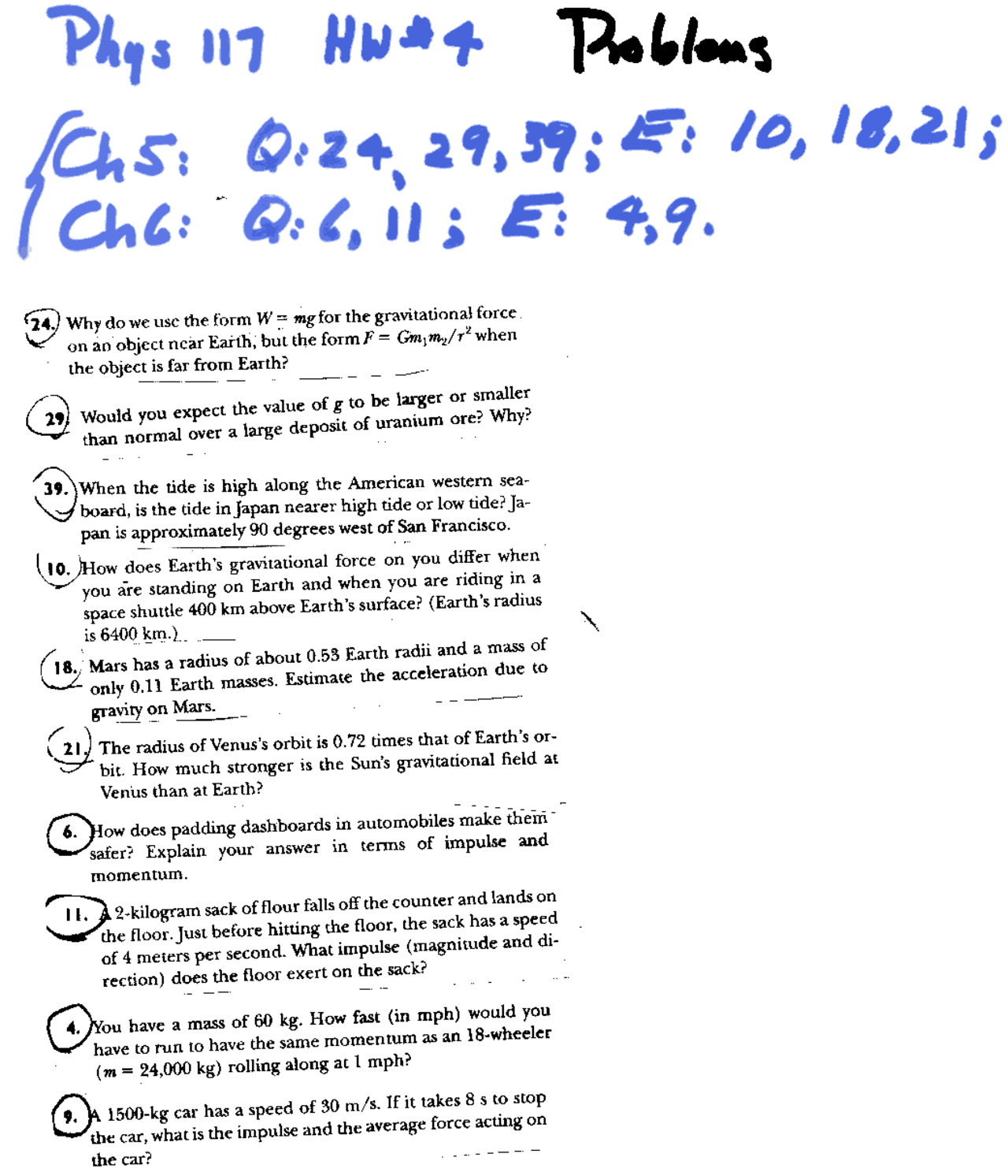 10 Problems On Gravitational Force Homework 4 Phys 117 Docsity