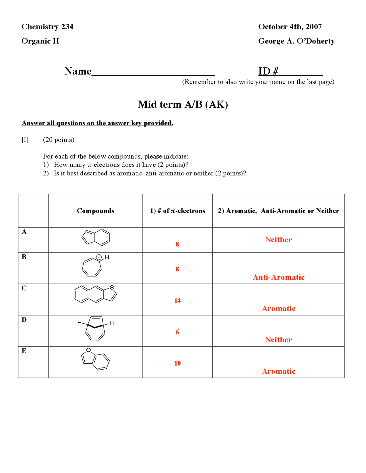Solved Midterm Exam For Organic Chemistry Chem 234 Docsity