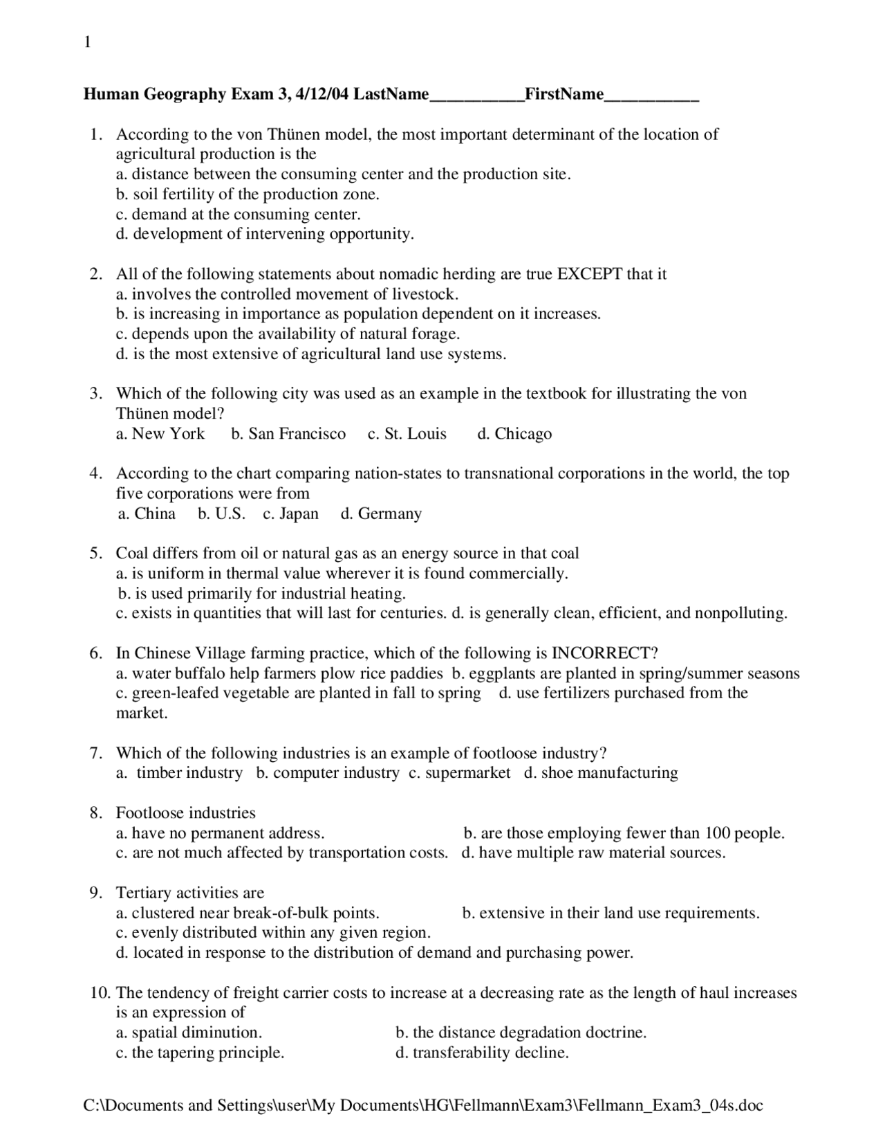 50 Questions For Exam 3 Introduction To Human Geography Geog 1120