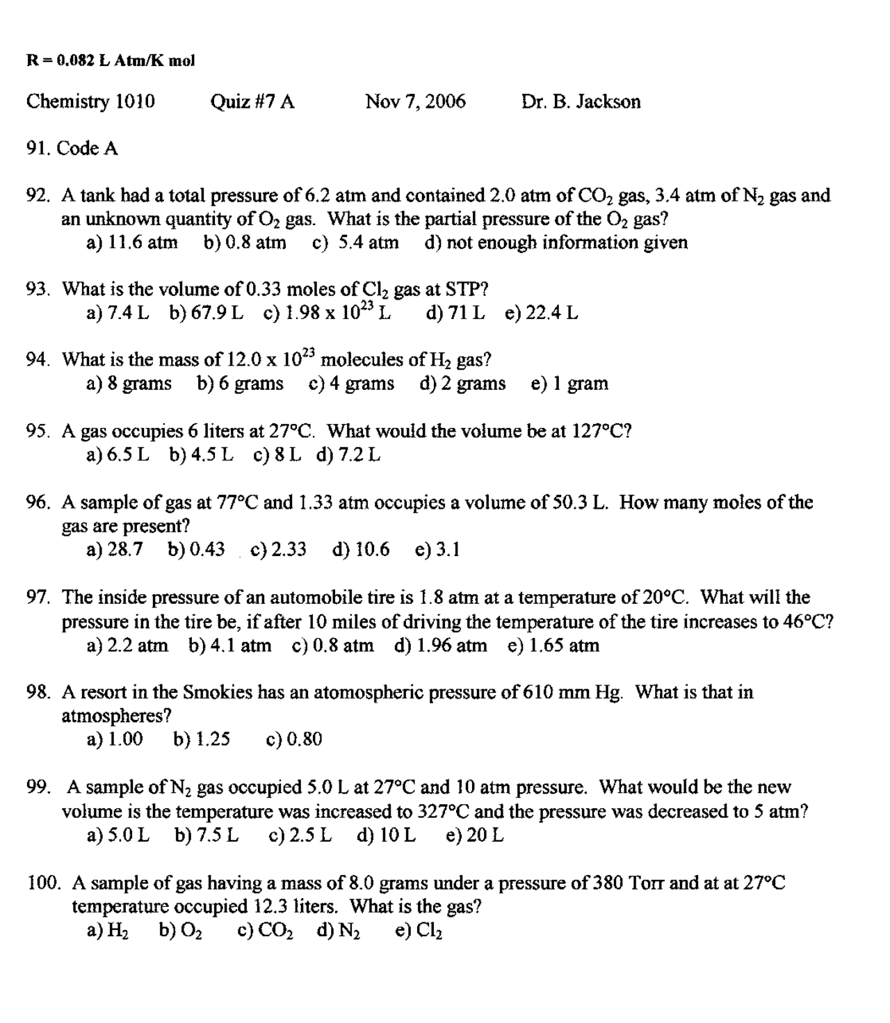 10 Questions on General Chemistry I - Quiz 7A | CHEM 1010 - Docsity