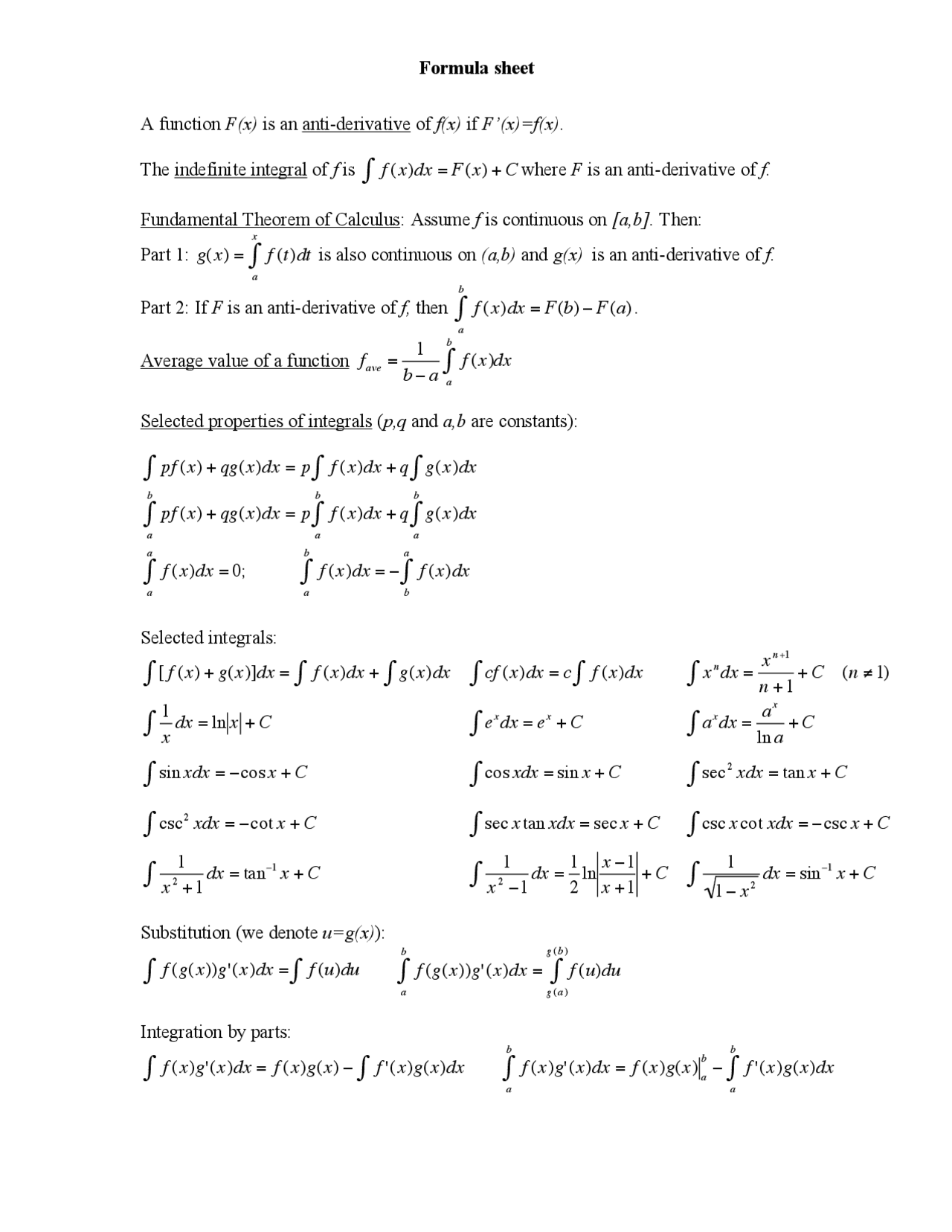 Notes On Formula Sheets Calculus Ii Math 156 Docsity