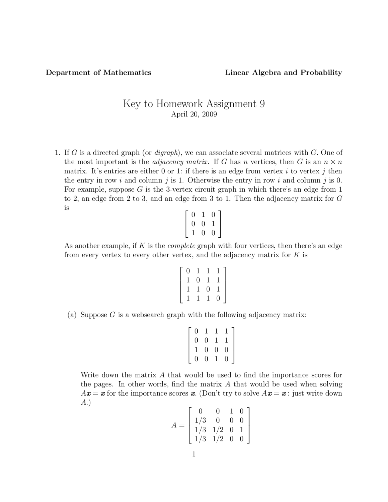 Linear Algebra and Probability - Homework 9 Solutions | MATH 202 - Docsity