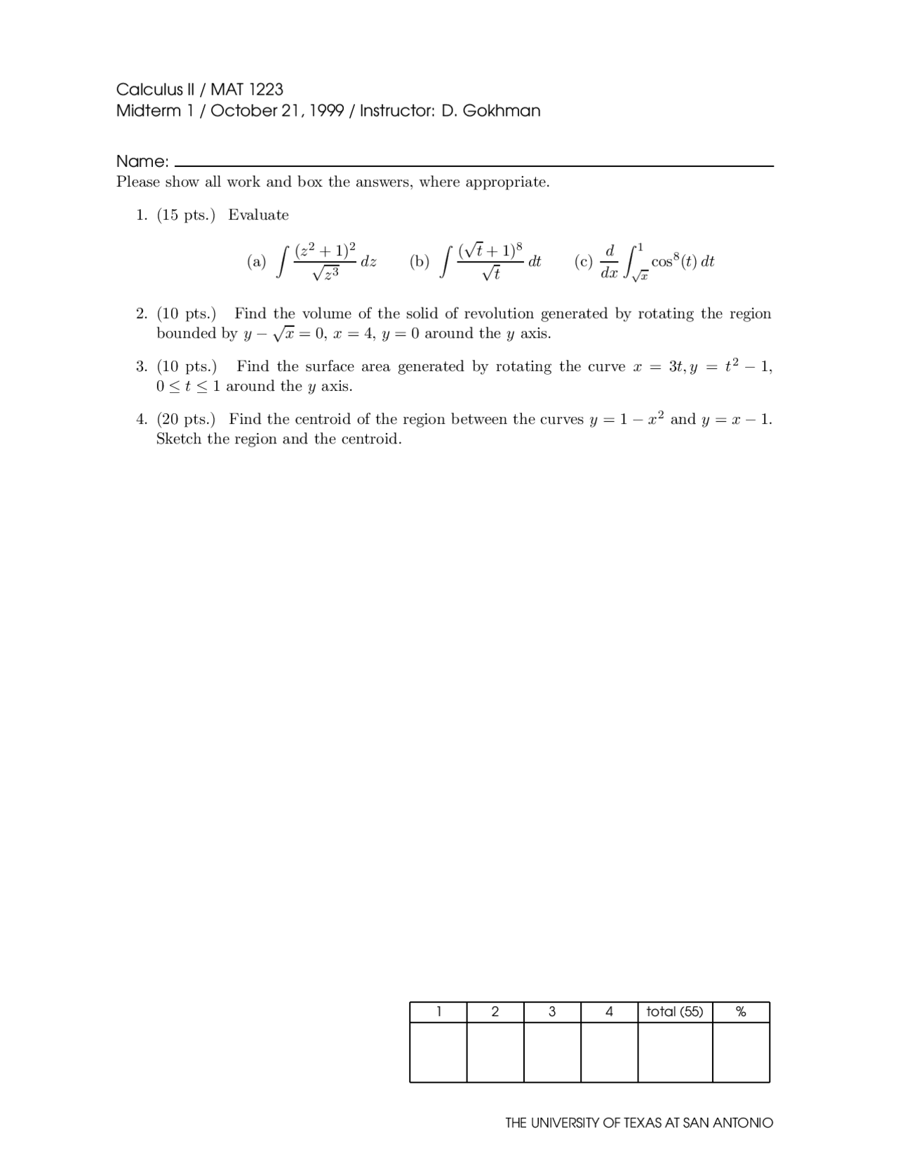 4 Questions Of Calculus Ii Midterm 1 Mat 1223 Docsity