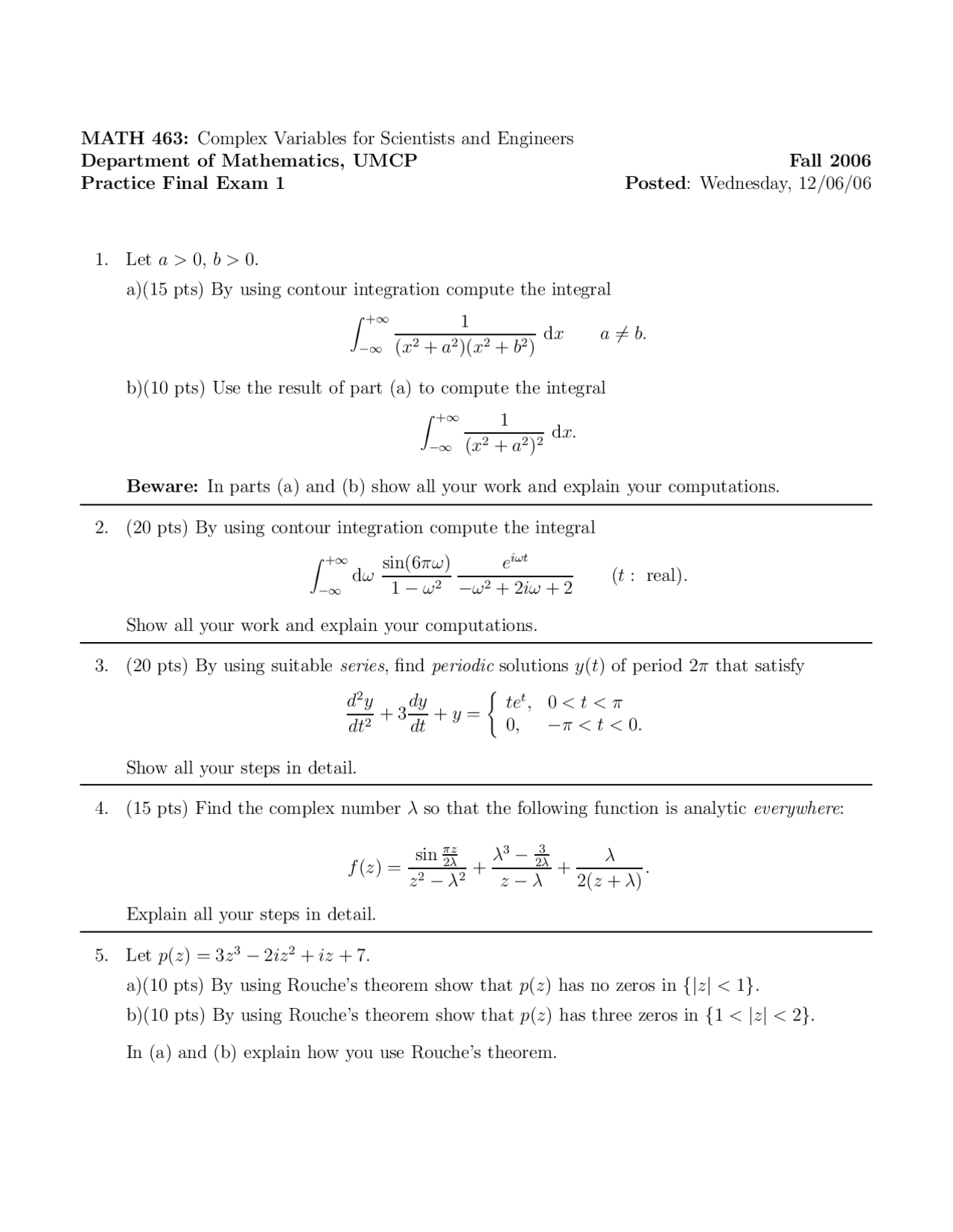 MATH 463: Complex Variables Exam 1, University of Maryland, College Park, Fall 2006 | Exams ...