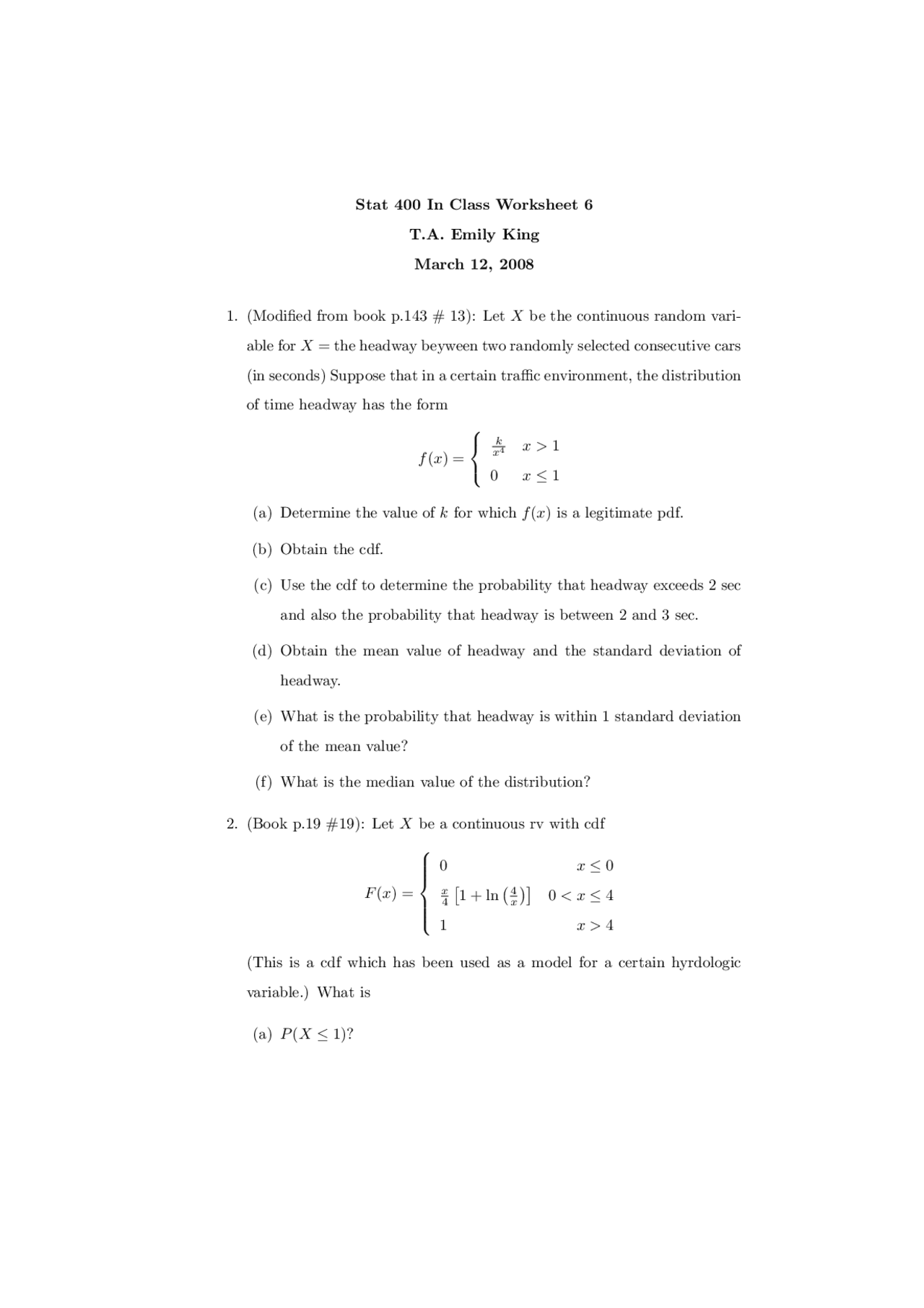 5 Problems On Distribution Of Time Worksheet 6 Stat 400 Docsity