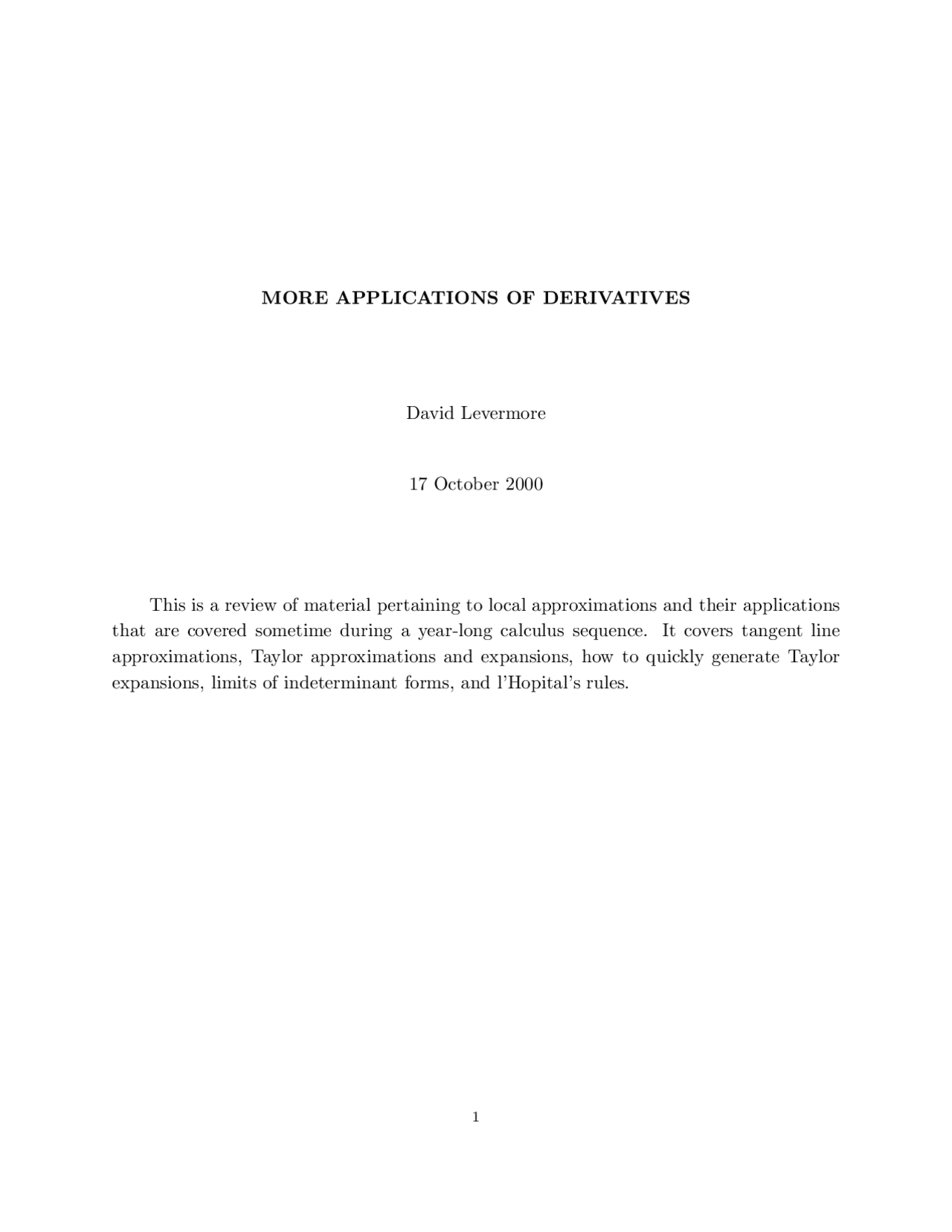 Applications Of Derivatives Advanced Calculus I Math 410 Docsity