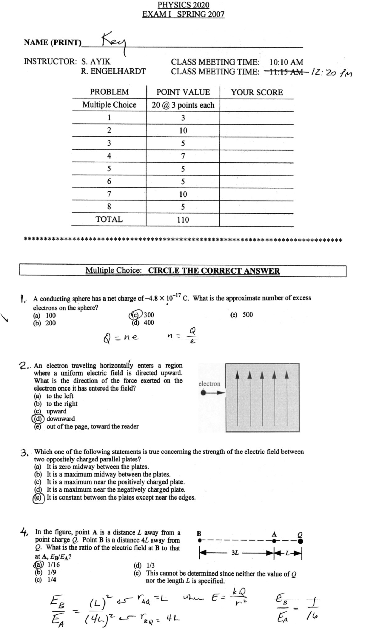 Exam 1 With Solution Key Algebra Based Physics Ii Phys 2020 Docsity
