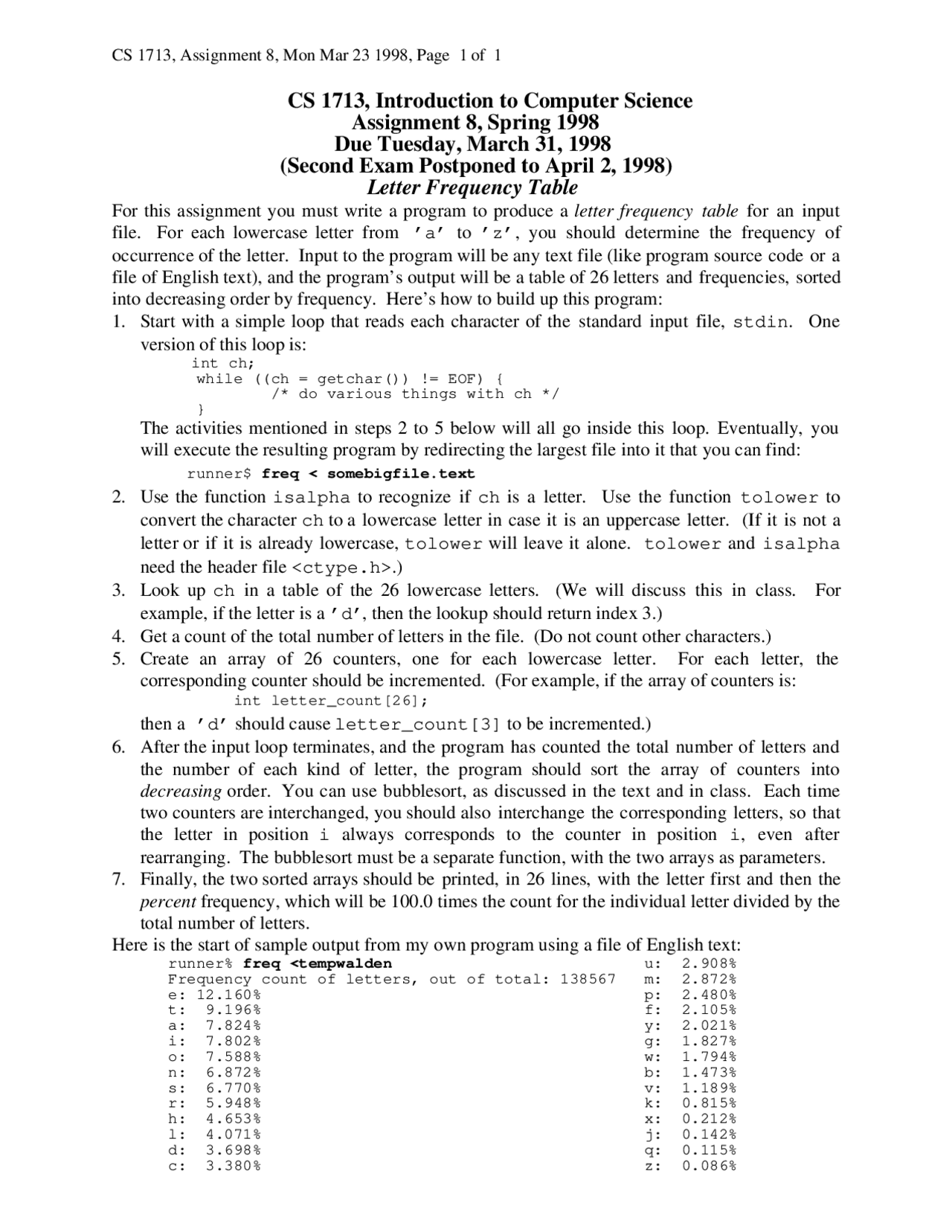 CS 1713 Assignment 8: Creating a Letter Frequency Table | Assignments ...