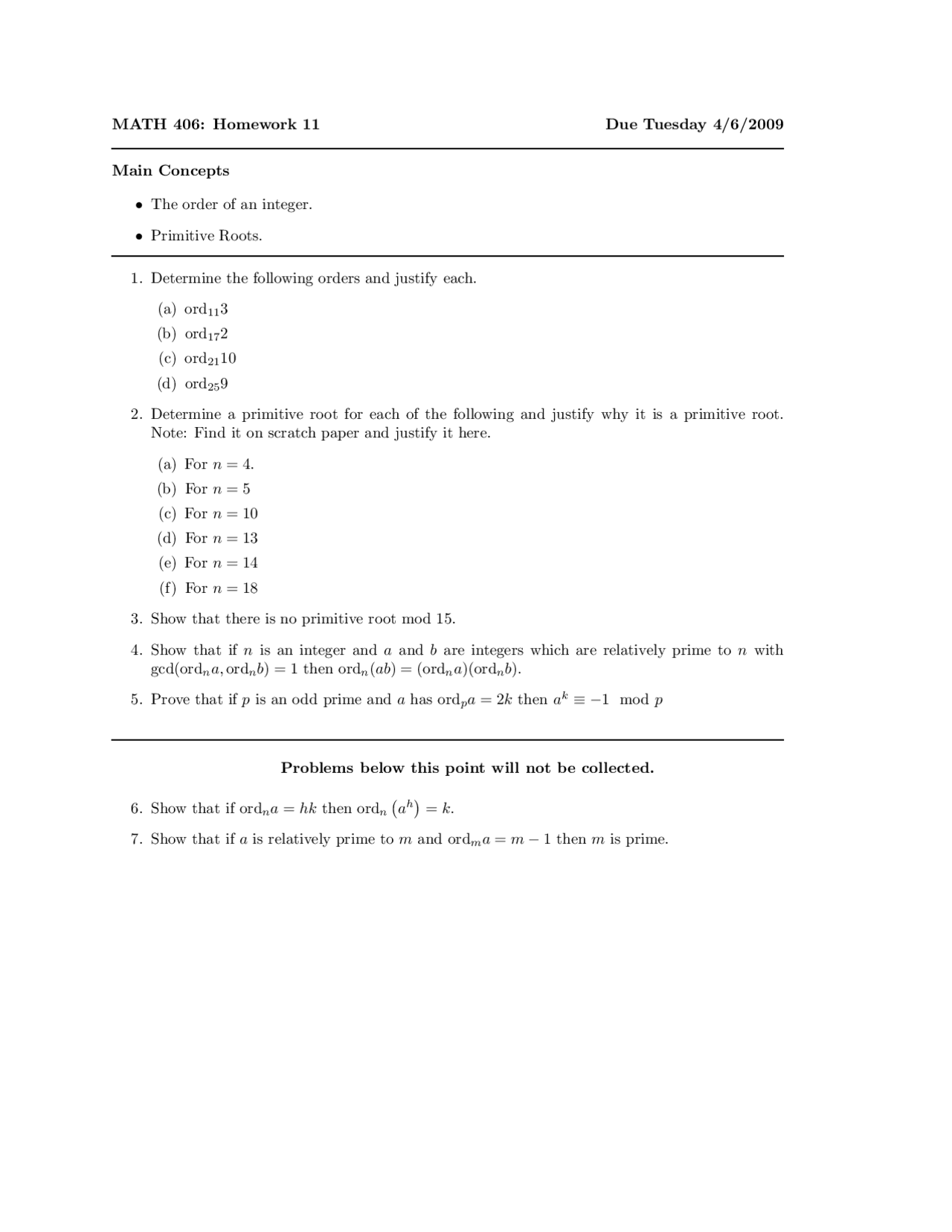 The Order of Integer, Primitive Roots - Homework 11 | MATH 406 - Docsity