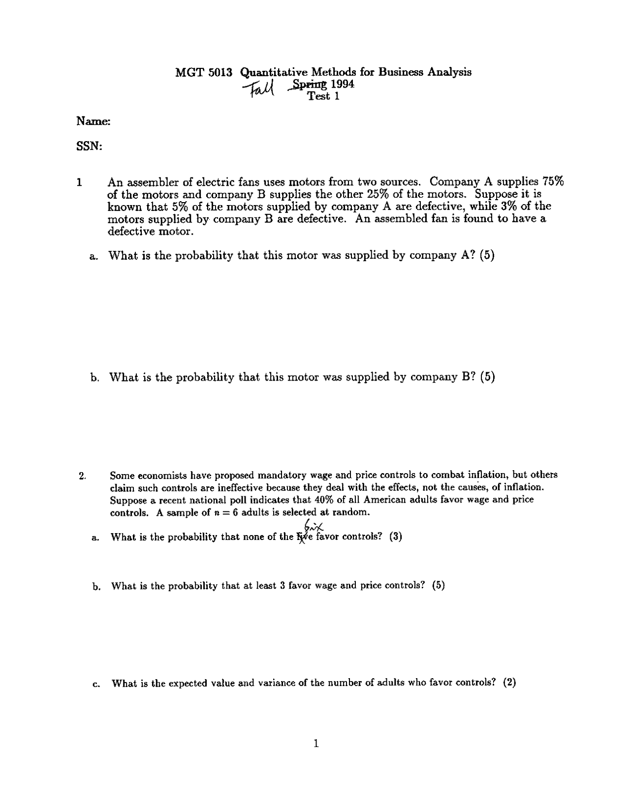 8 Questions Exam 1 Quantitative Methods Analysis Ms 5003 Docsity