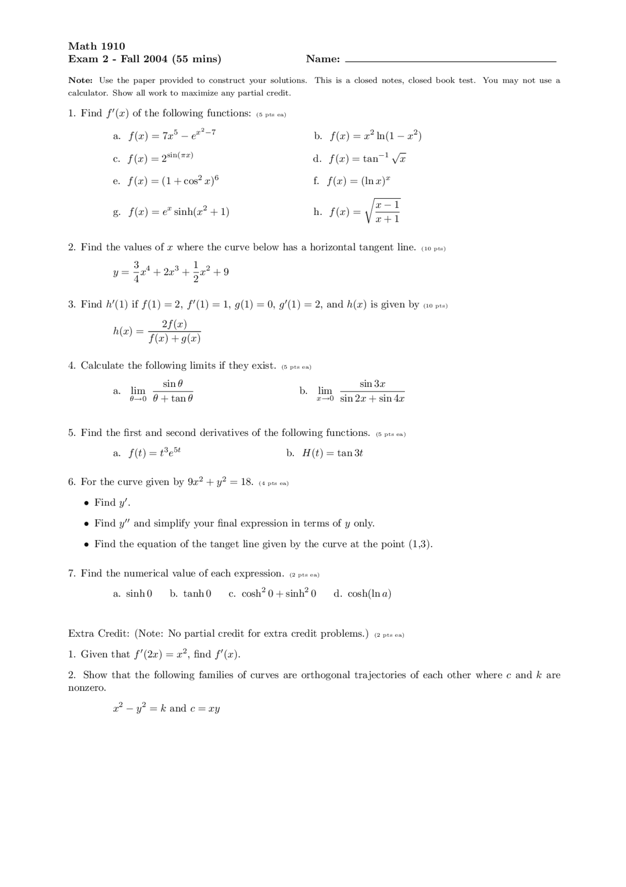 7 Questions of Calculus I - Exam 2 - Fall 2004 | MATH 1910 - Docsity