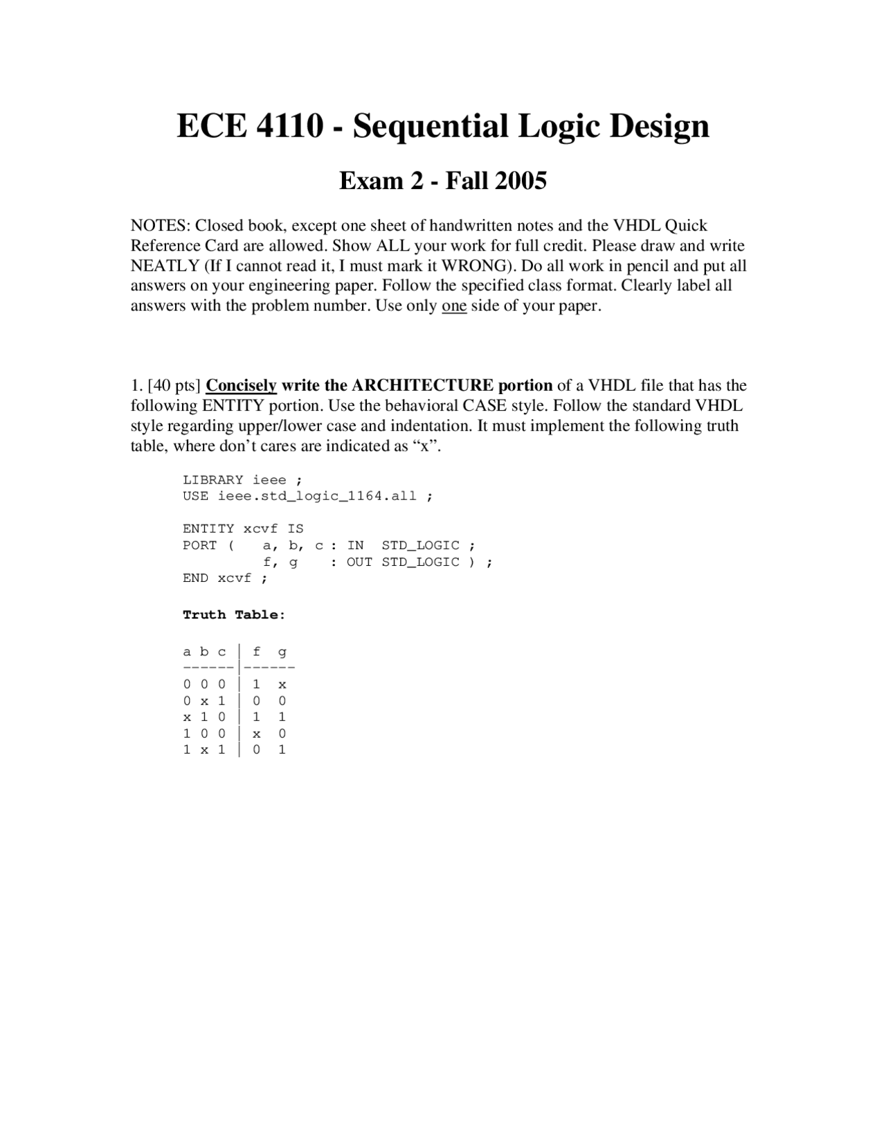 Sequential Logic Design Exam 2 Questions Ece 4110 Docsity
