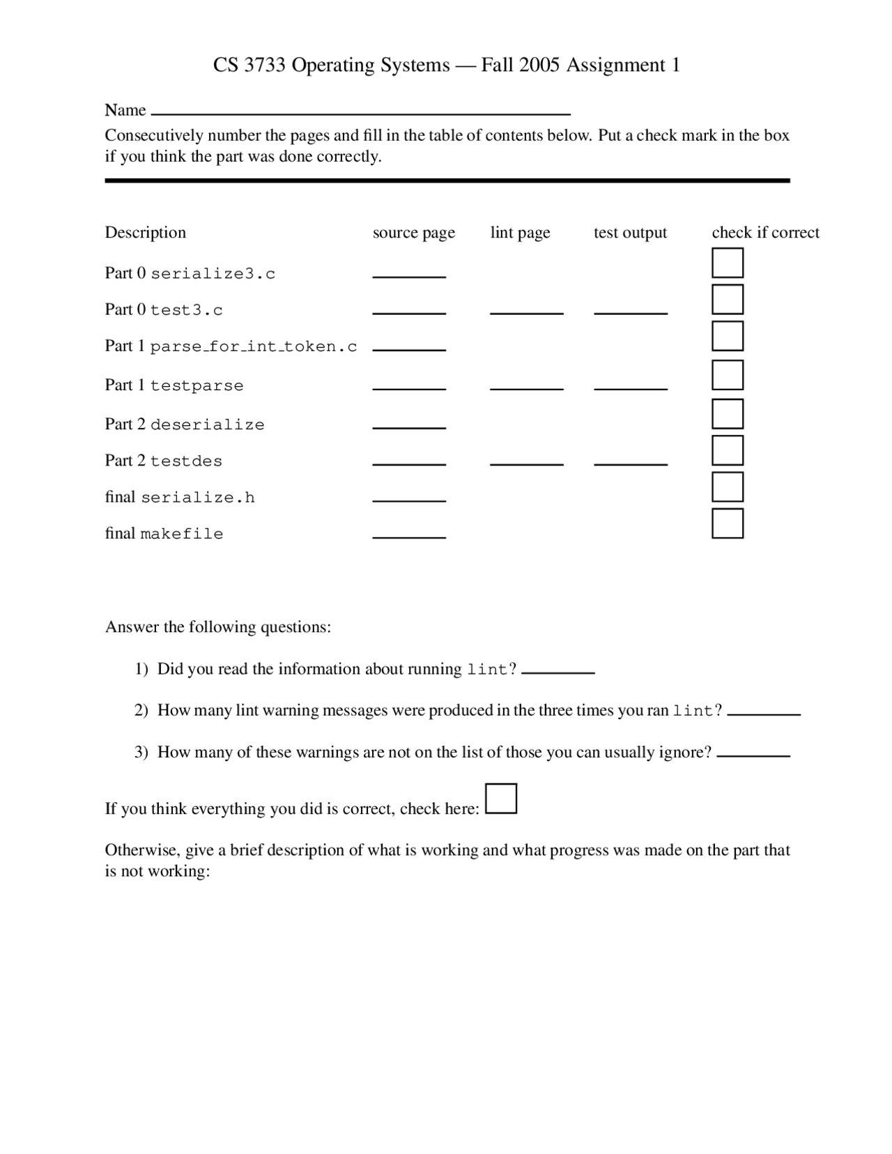 Problem Set 1 Questions - Operating Systems | CS 3733 - Docsity