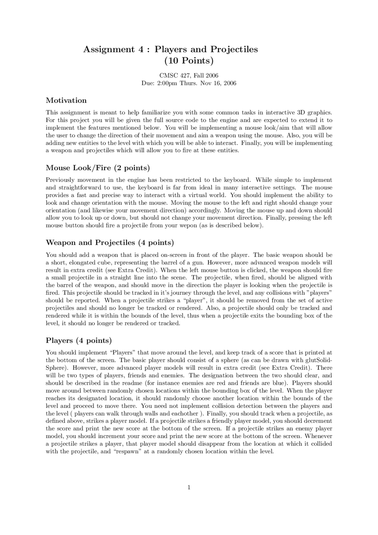 Assignment 4: Players and Projectiles - Computer Graphics | CMSC 427 - Docsity