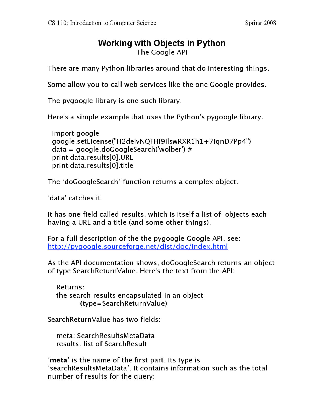 Working with Objects in Python: The Google API - Notes | CS 110 - Docsity